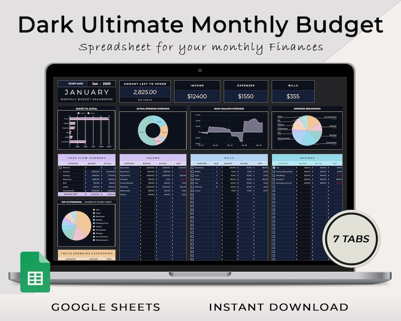 Dark Mode Ultimate Monthly Budget Spreadsheet, Monthly Budget Planner ...