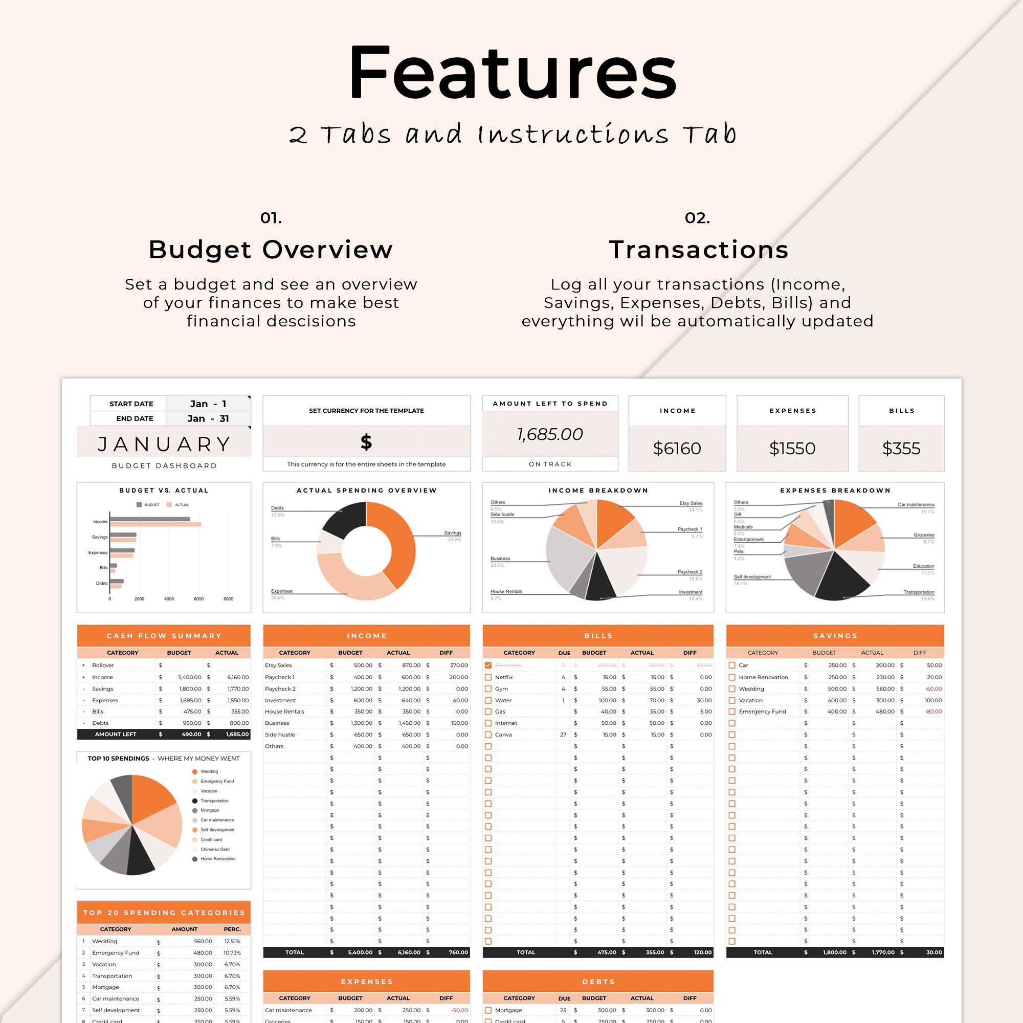 Simple Monthly Budget Spreadsheet Template Weekly Bi-weekly - Etsy