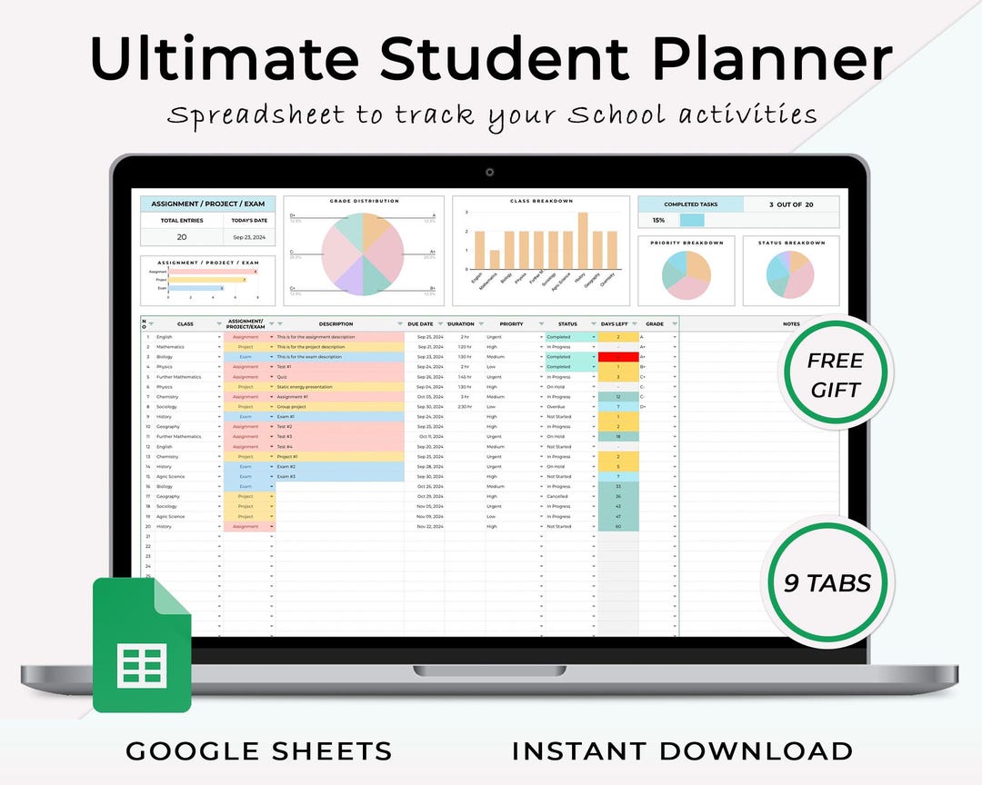 Student Planner, Assignment Tracker Google Sheets, Academic Planner ...