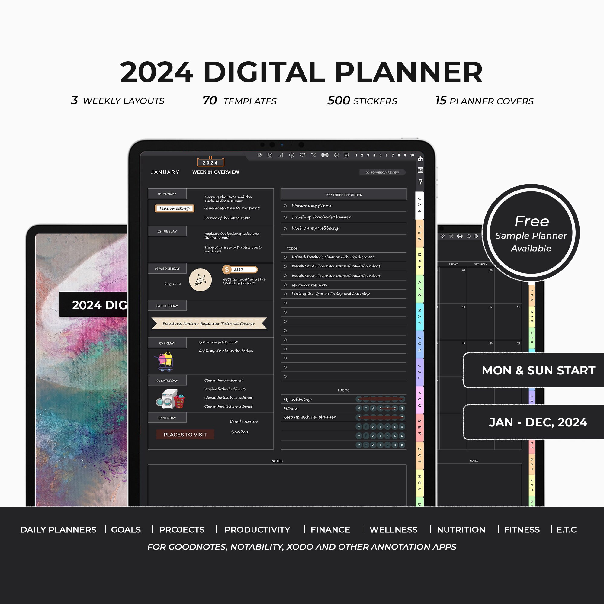 2024 Digital Planner, Dark Portrait Planner, Dated Planner, Planner for ...