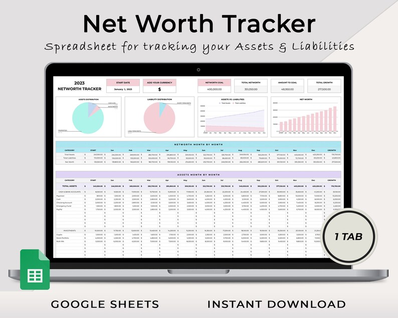 Net Worth Tracker Spreadsheet, Annual Net Worth Calculator Dashboard ...