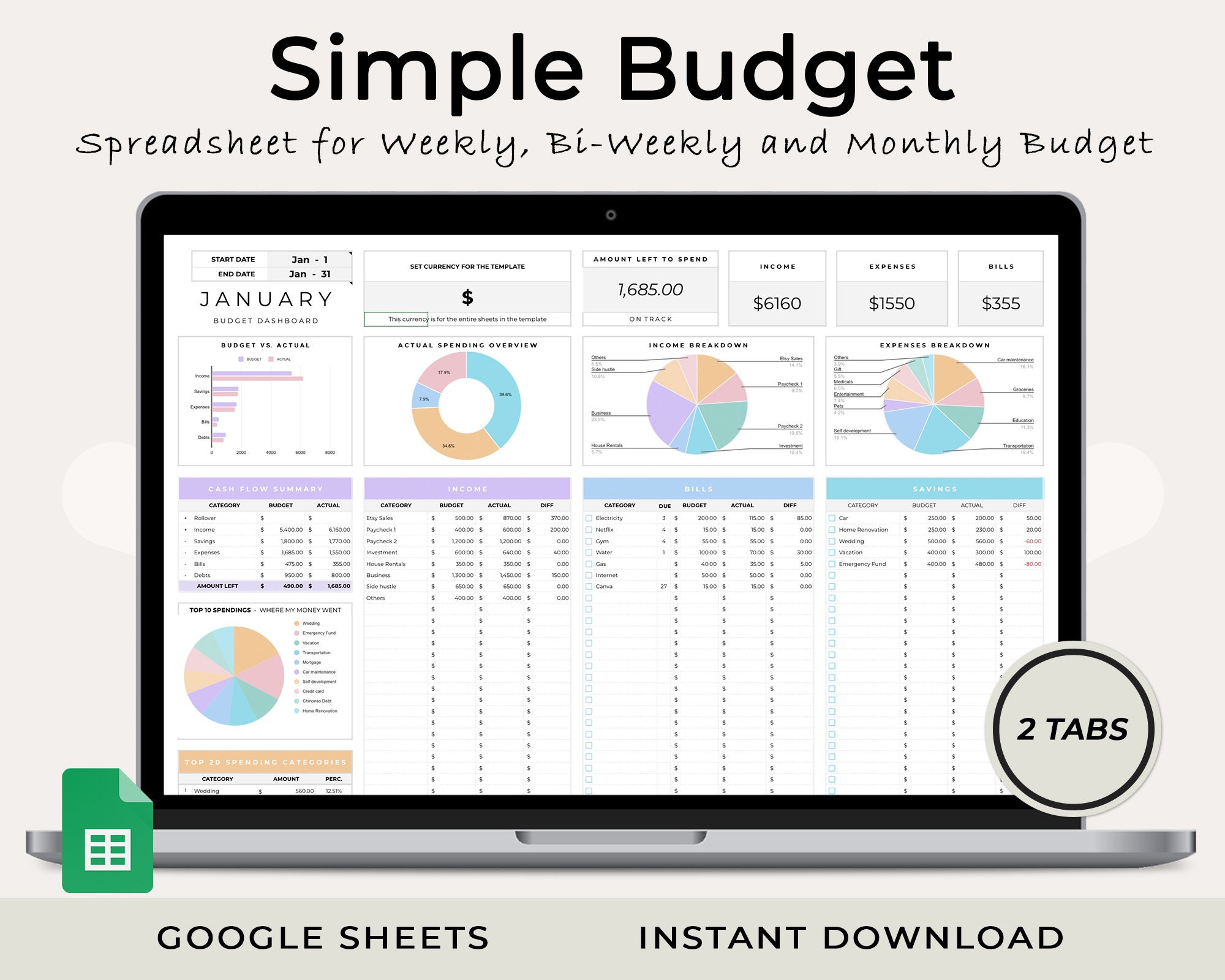 Simple Monthly Budget Spreadsheet Template, Weekly, Bi-weekly Budget ...