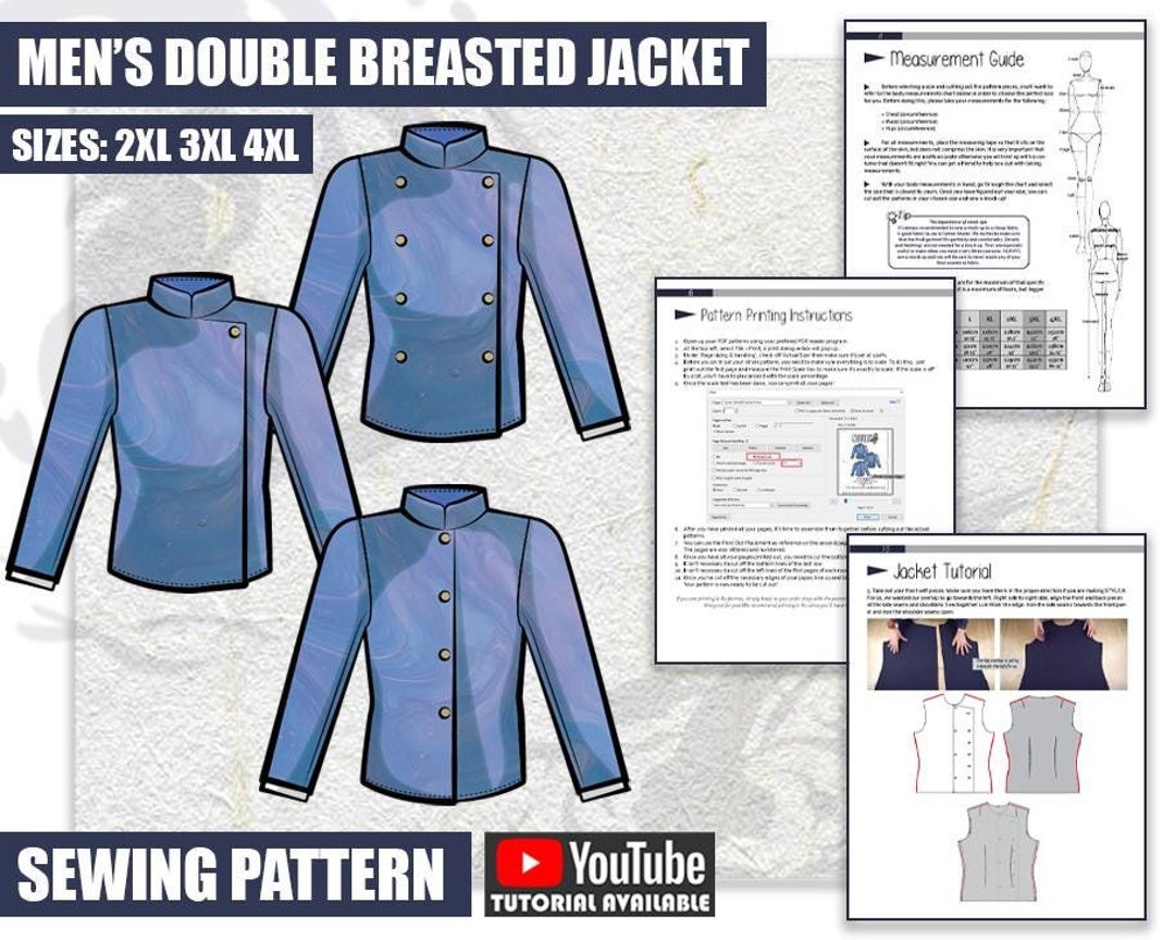 2XL 3XL 4XL Men's Double Breasted Jacket Sewing Pattern/downloadable PDF File and Tutorial Book ...