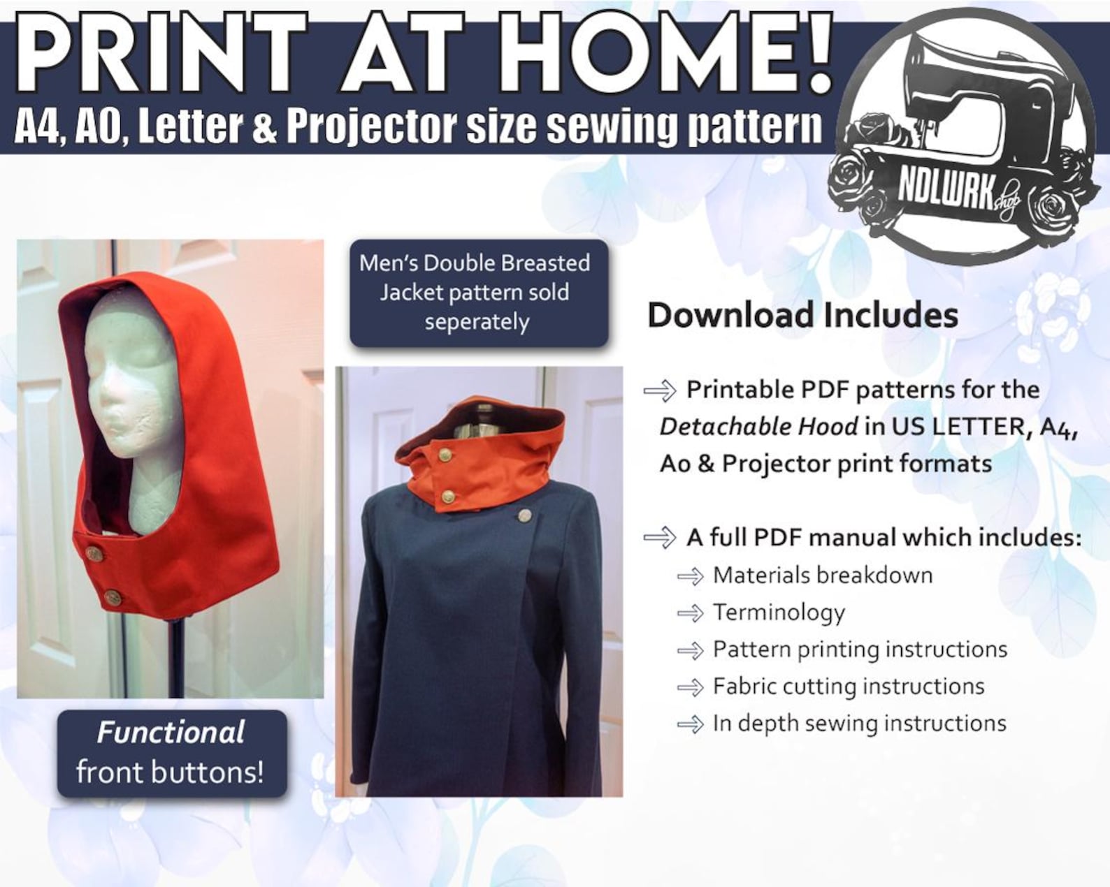 Hood Sewing Pattern | Detachable Hood | Downloadable PDF File and ...