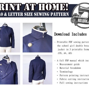 School Girl Double Breasted Jacket Sewing Pattern/downloadable PDF File ...
