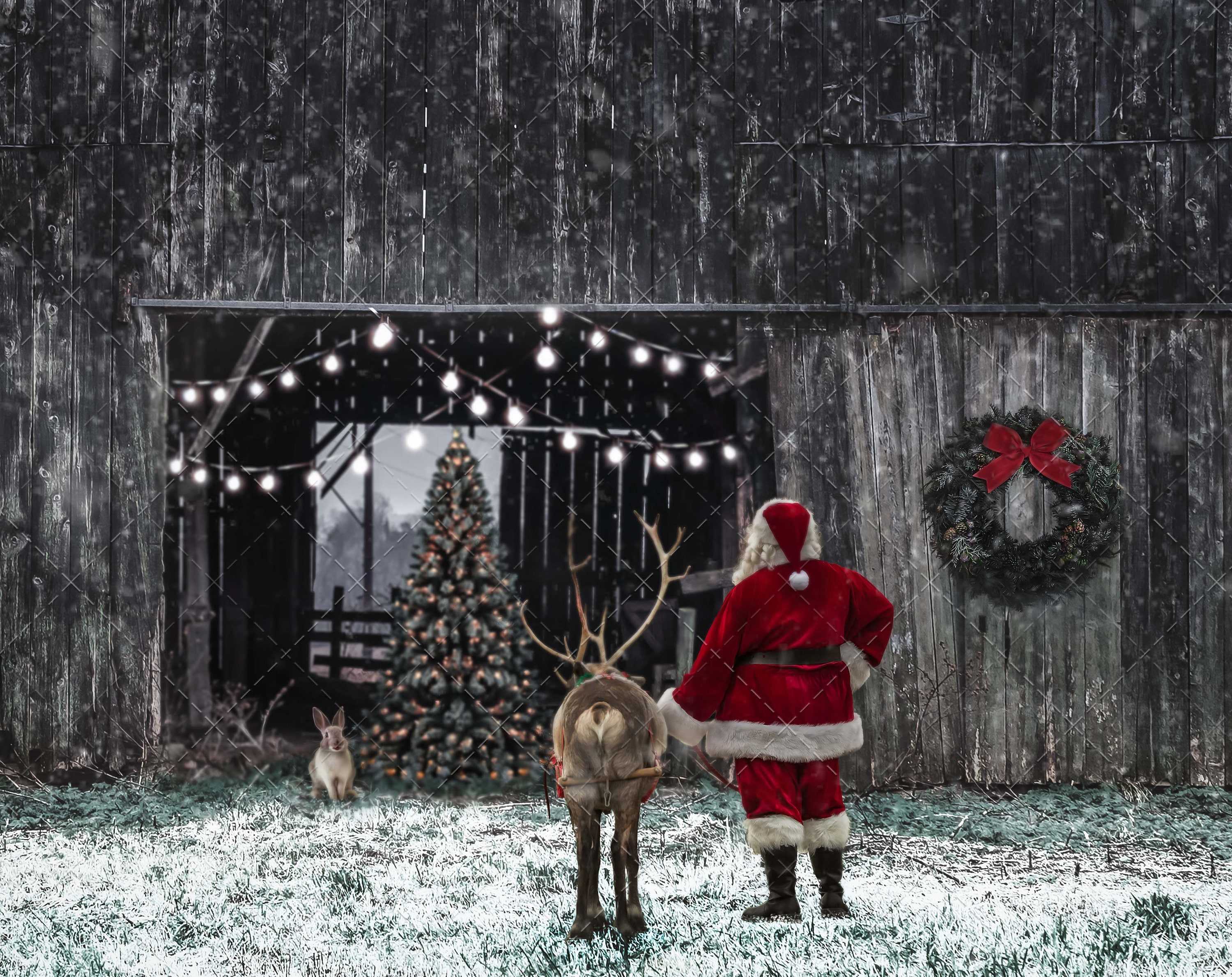 Christmas Card Art, Digital Download, Christmas Barn, Santa and ...