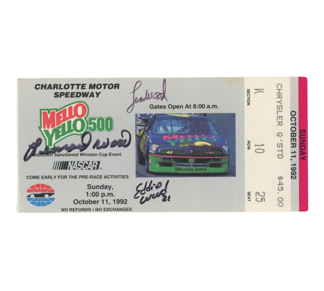 1992 Mello Yello 500 Autographed NASCAR Race Ticket! Signed by the 3 ...