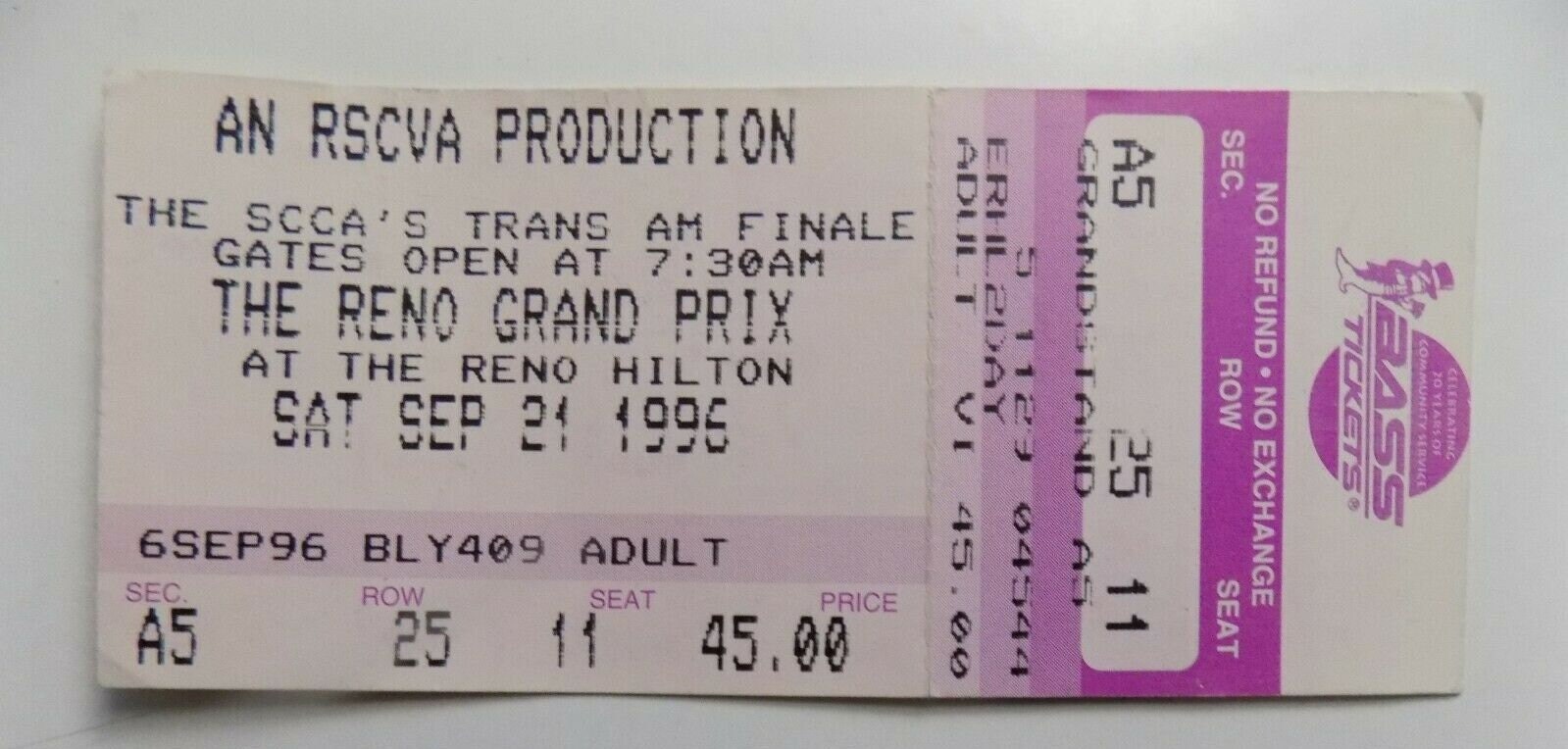 1996 Reno Grand Prix Racing Ticket Stub & Order Form Flyer SCCA Trans ...