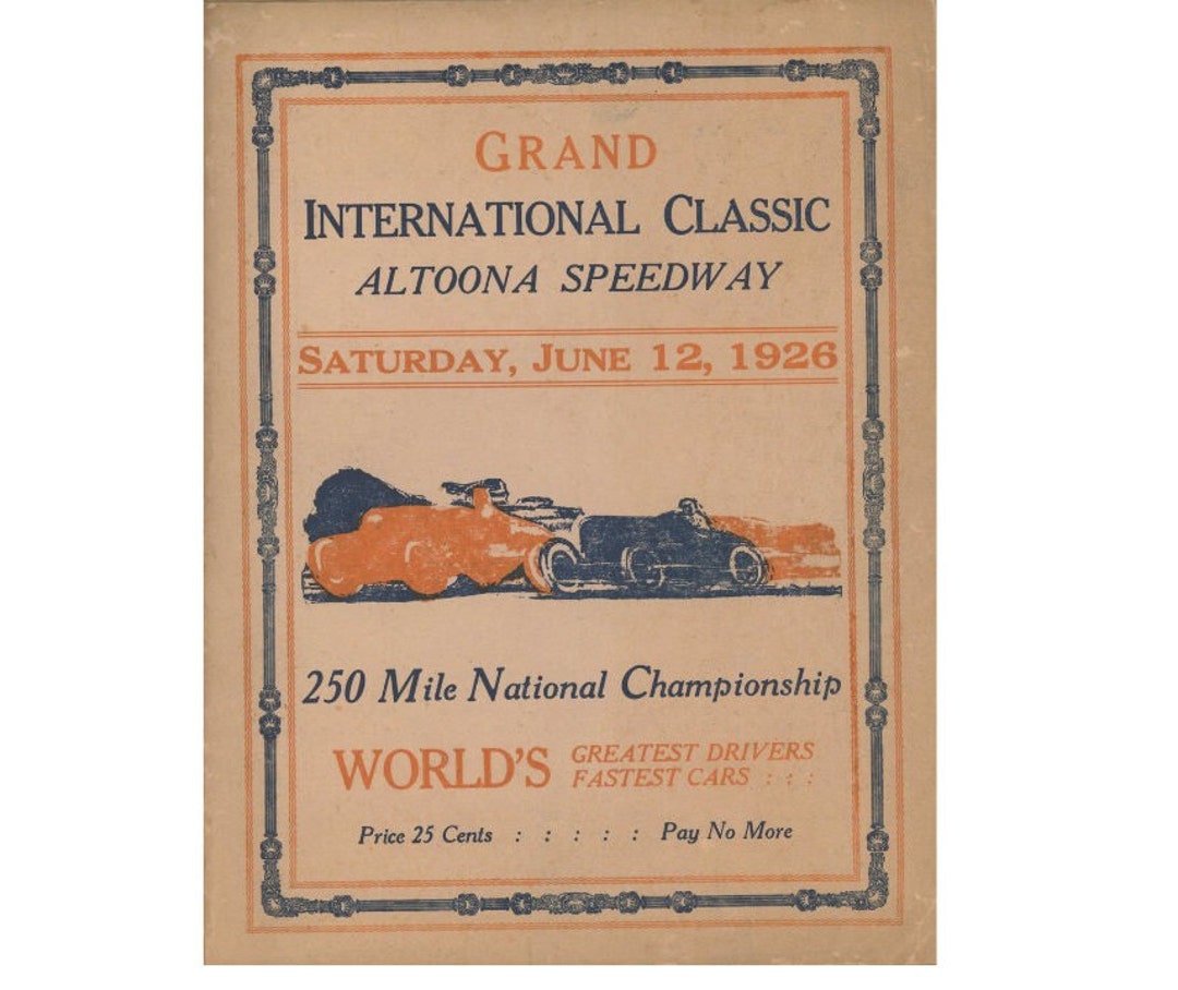 1926 Altoona Speedway 250-mile Auto Racing Program! Rare Grand ...
