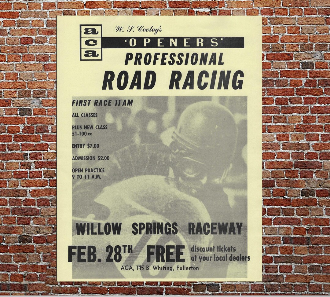 1960s California Motorcycle Race Poster! Willow Springs Rare Flyer Ad ...
