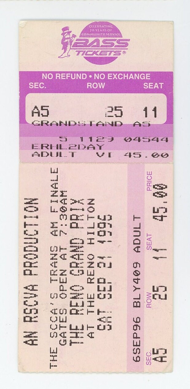 1996 Reno Grand Prix Racing Ticket Stub & Order Form Flyer SCCA Trans ...