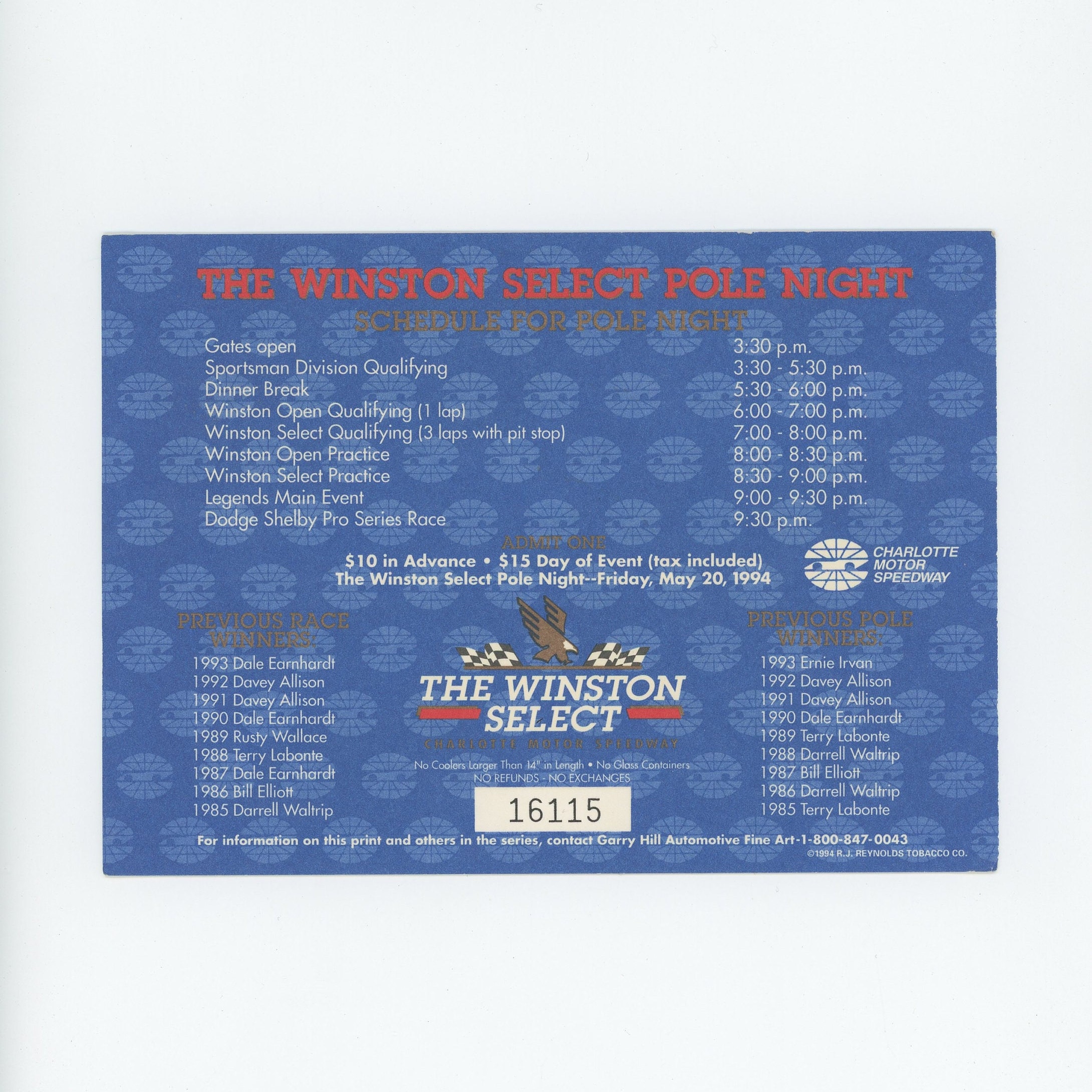 1994 Winston Pole Night Race Ticket! Rare Vintage NASCAR Racing Tickets ...