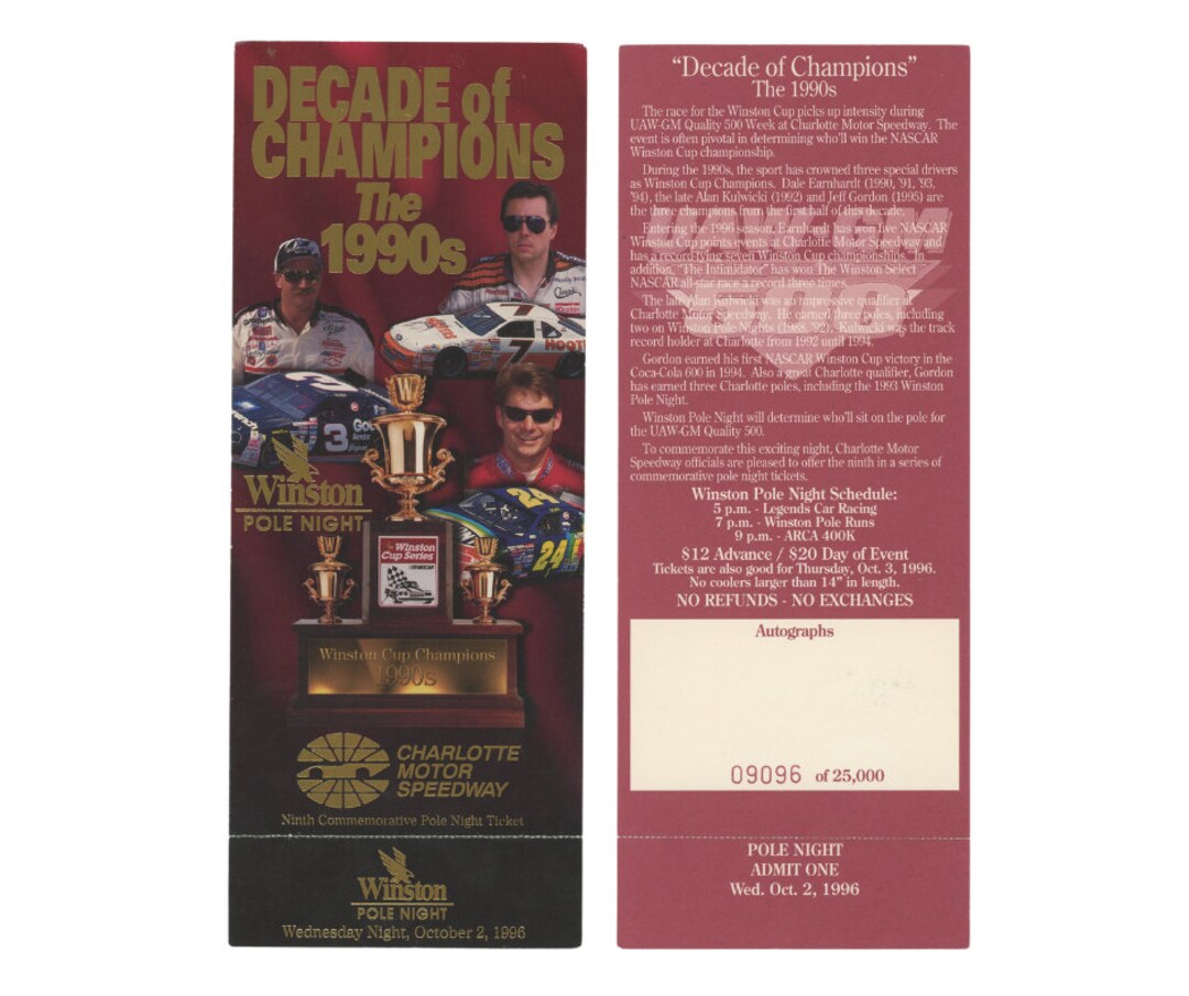 1996 Winston Pole Night Race Ticket! Rare Vintage NASCAR Racing Tickets ...