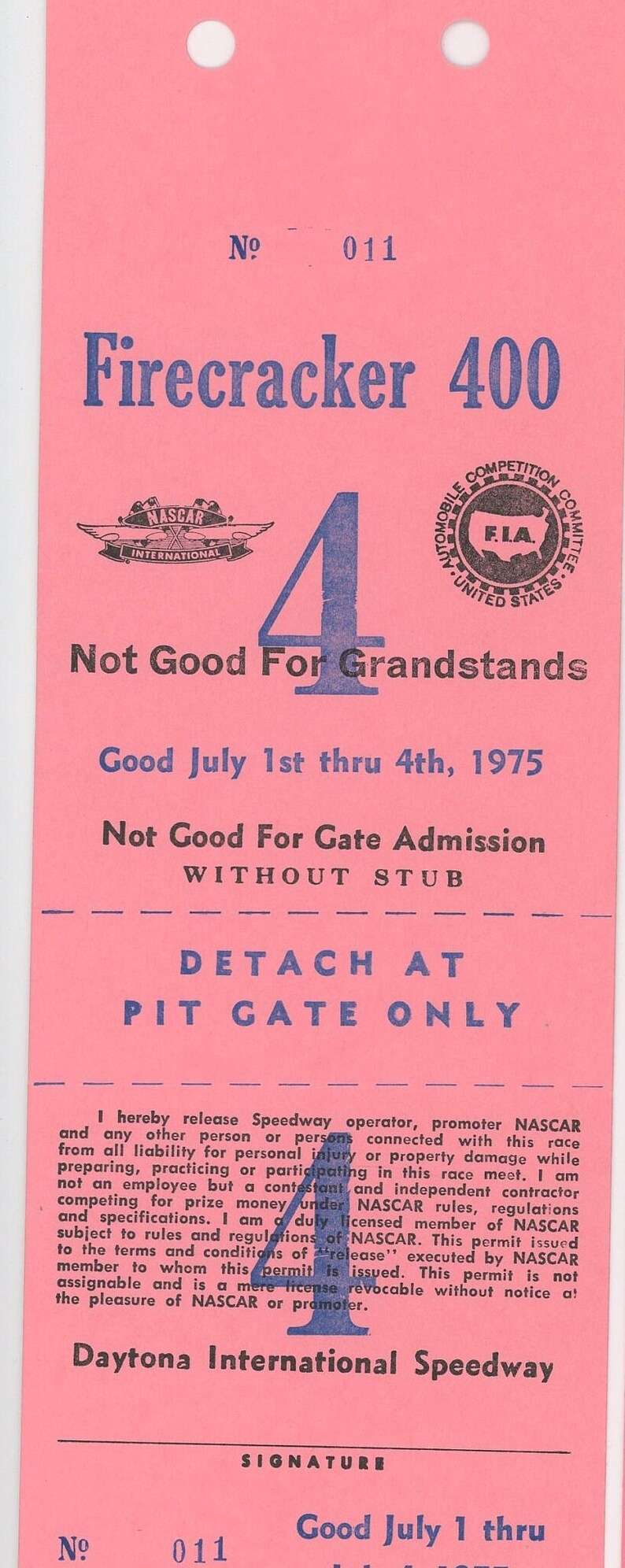 1975 NASCAR Firecracker 400 Race Ticket! Daytona Speedway Richard Petty ...
