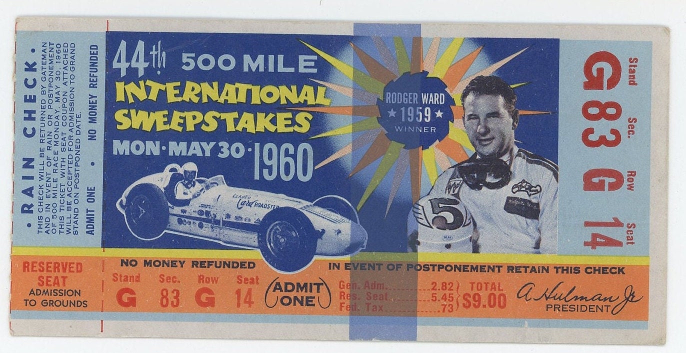 1960 Indy 500 Race Day Ticket Indianapolis Race Stub With 59 Winner ...