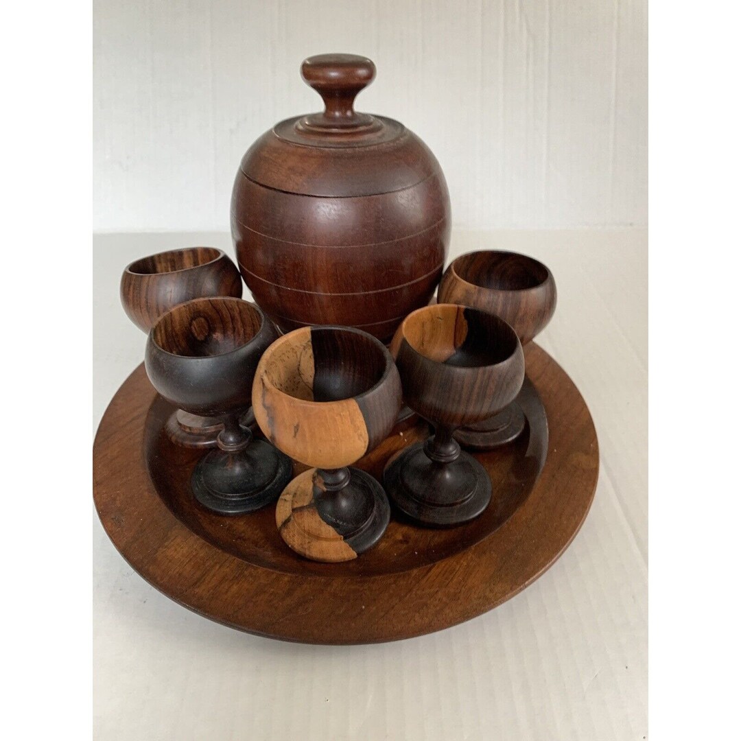 Vtg Hand Turned Wooden Wine Cordial Set Decanter Serving Tray And 4 Goblets Cups Etsy