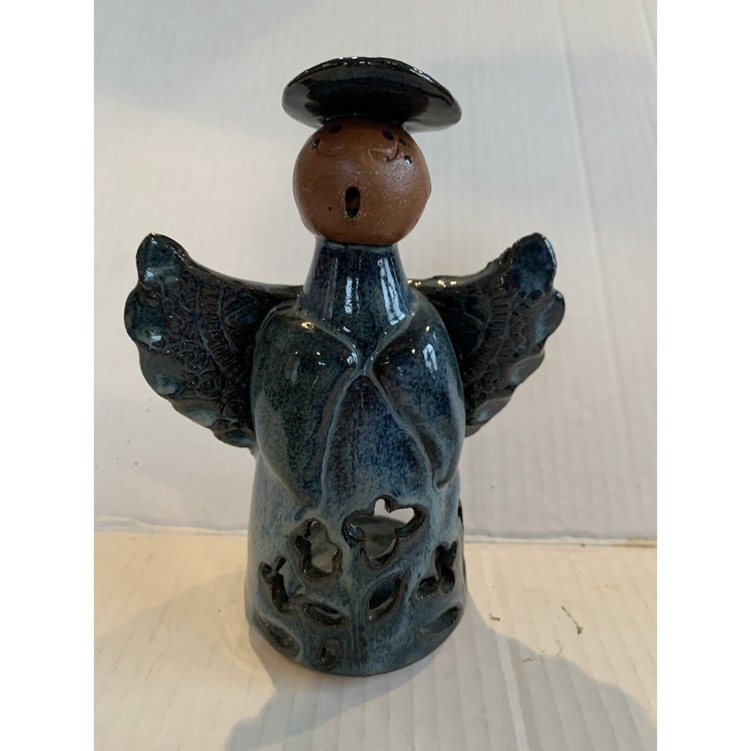 Vintage Handmade Pottery Angel Tea Light Blue Glaze Signed by Potternot ...