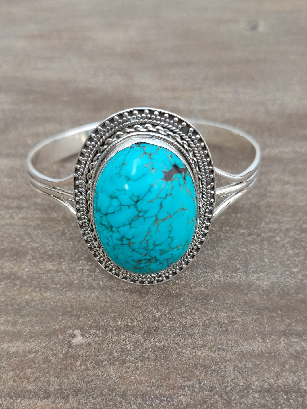 Handmade Sterling Silver Turquoise Bangle: Natural Cabochon Stone - Etsy