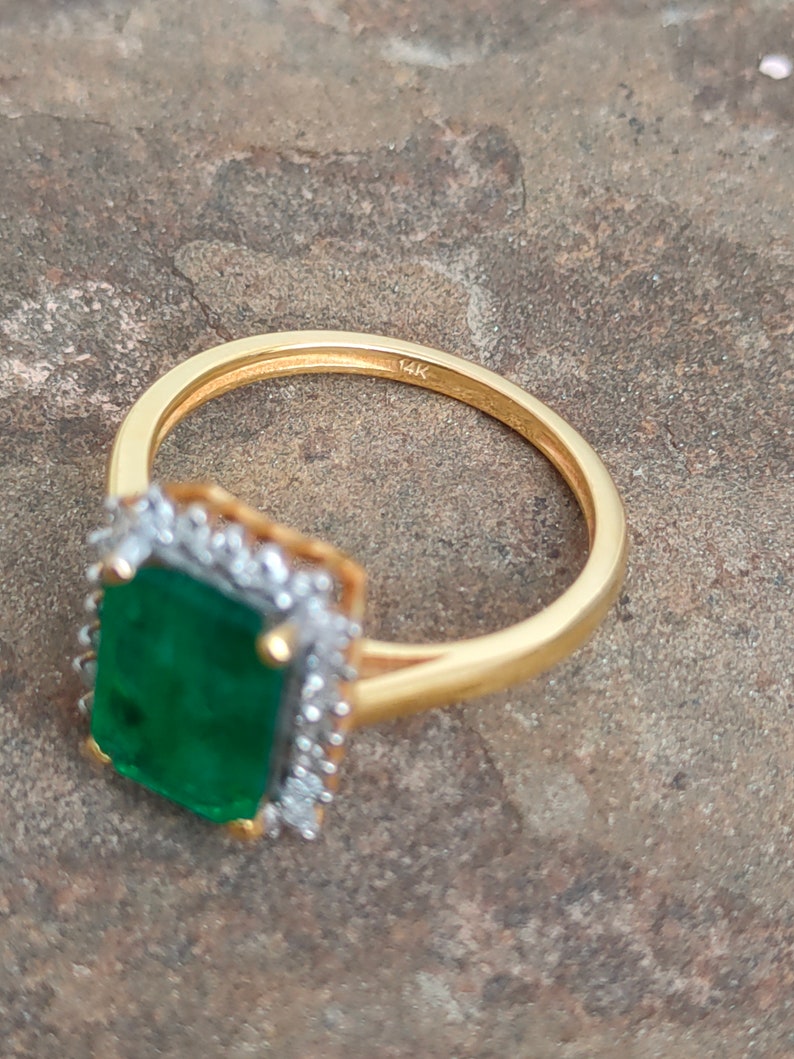 Handmade 14k Yellow Gold Zambian Emerald Ring: Diamond Halo Engagement ...