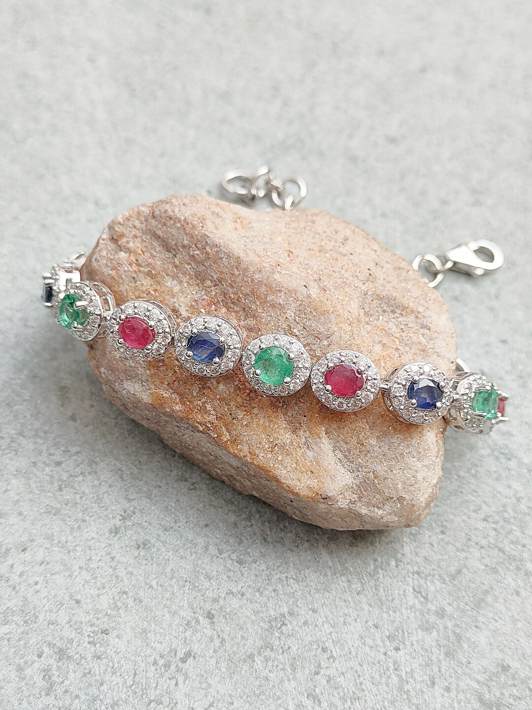 Natural Precious Gemstone Bracelet, 92.5 Sterling Silver, Ruby Sapphire ...