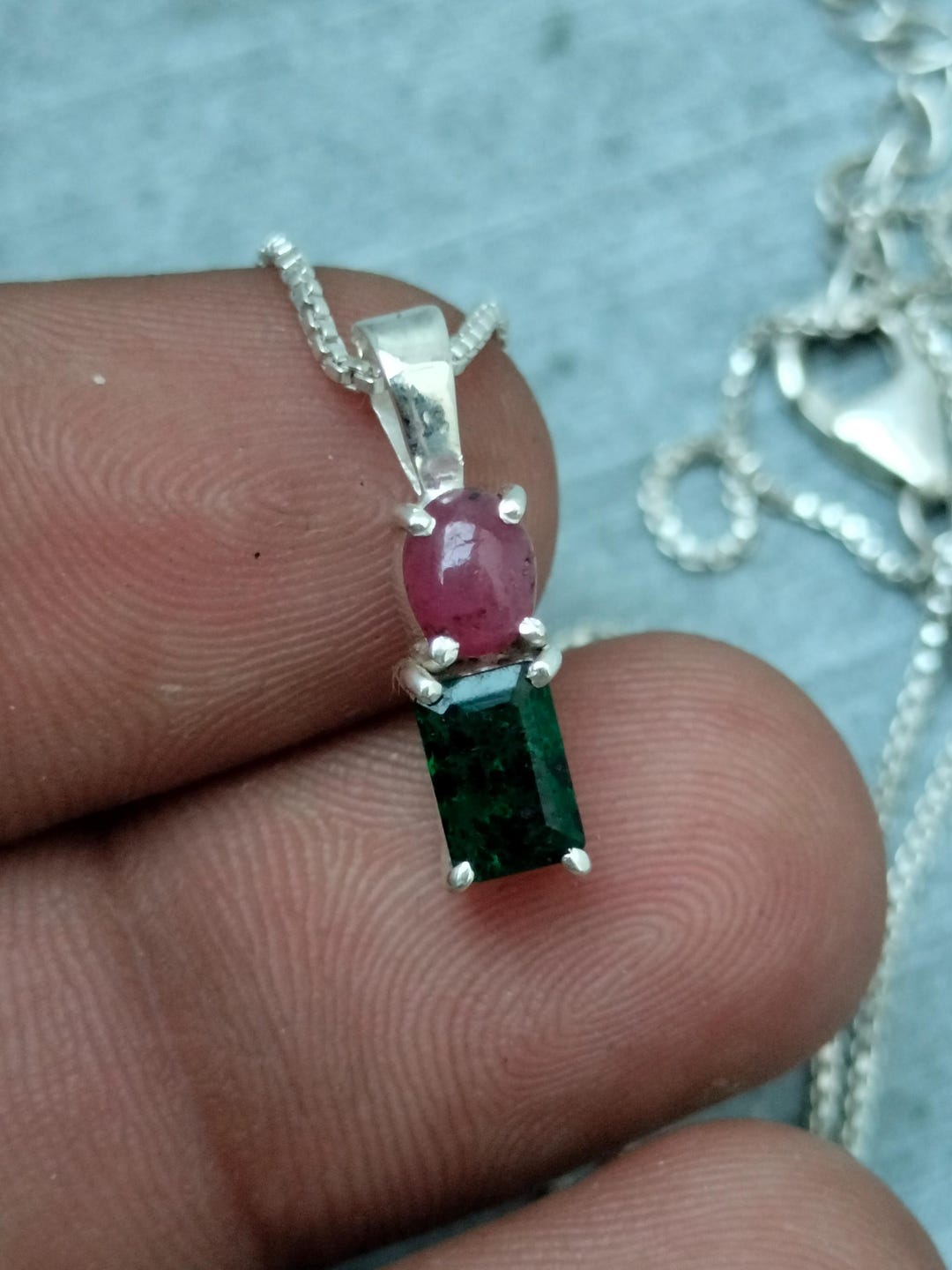 Vintage Natural Ruby Emerald Pendant, 92.5 Sterling Silver, Gemstone ...