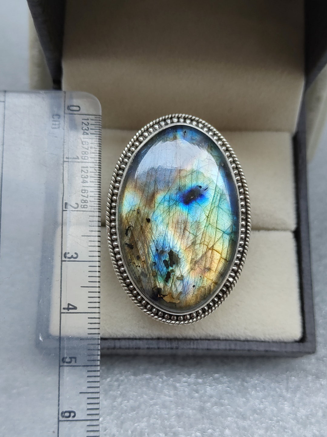 Cabochon Gemstone Ring, Natural Labradorite Ring, 92.5 Sterling Silver ...