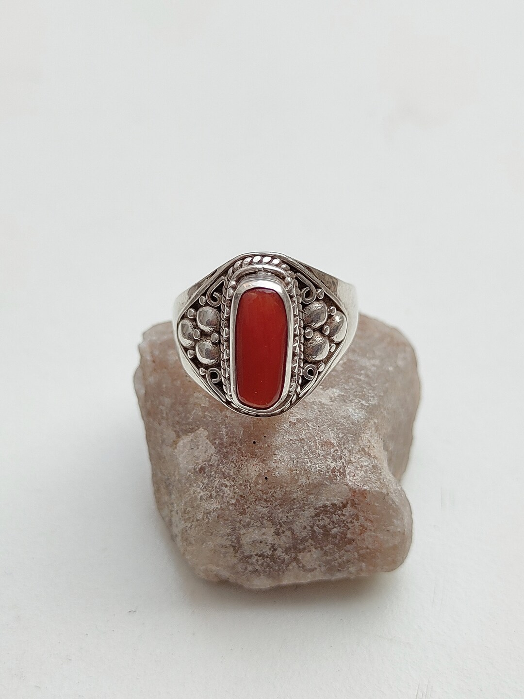 Natural Coral Ring , 92.5 Adjustable Sterling Silver Ring, Tibetan ...