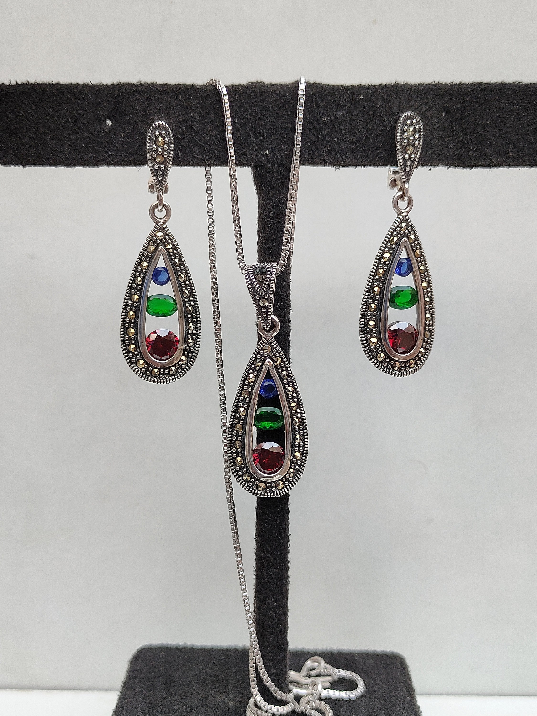 Natural Marcasite Pendant Set 92.5 Sterling Silver Jewellery - Etsy UK