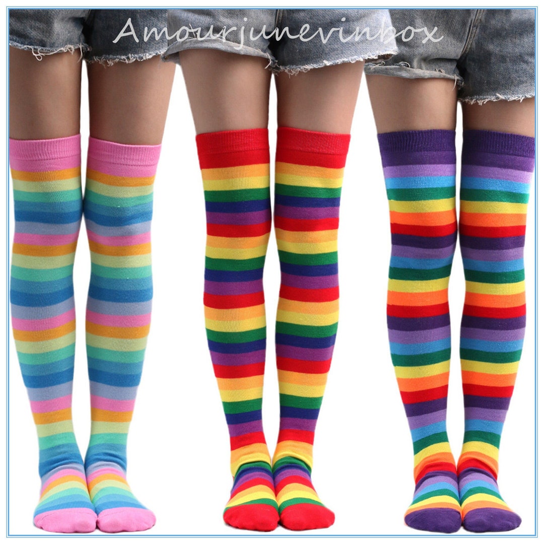 Rainbow Stockings,colorful Striped Socks,candy Stripe Printed Thigh ...