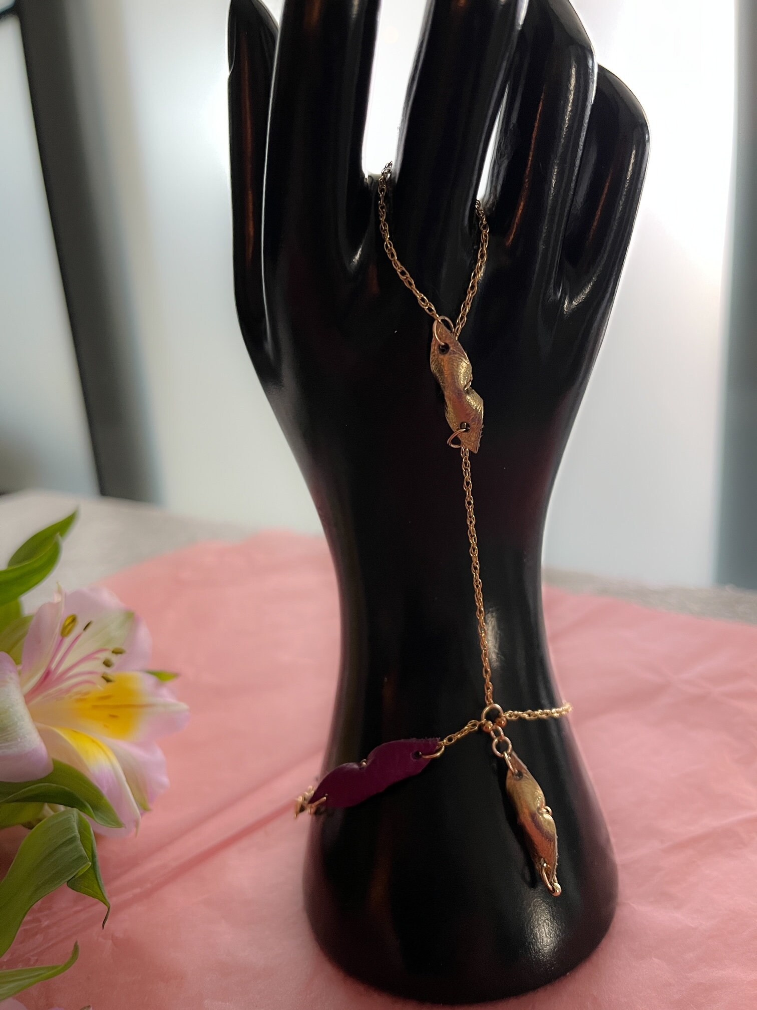 VELU | 14K Gold Filled Hand Harness Bracelet Ring With Leather Accents ...