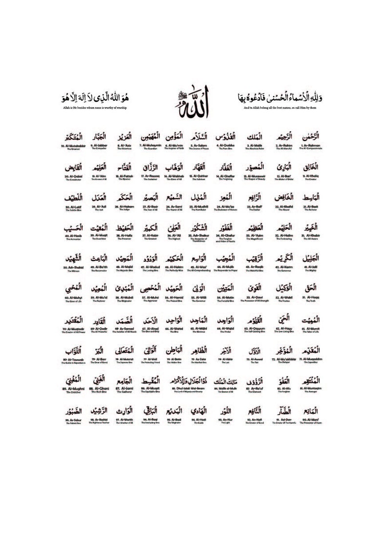 One Page of 99 Names of Allah With Translation and Transliteration ...