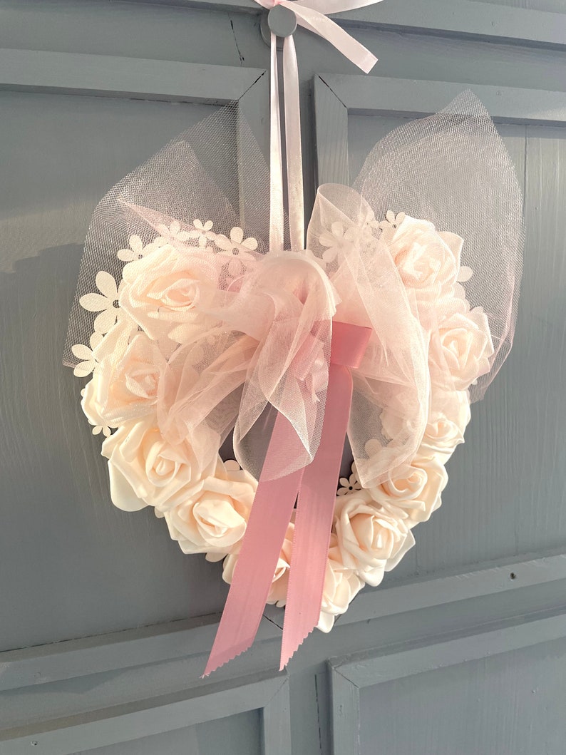 Valentines Day Heart Door Decoration. Beige Roses Pink Bow Wall Window ...
