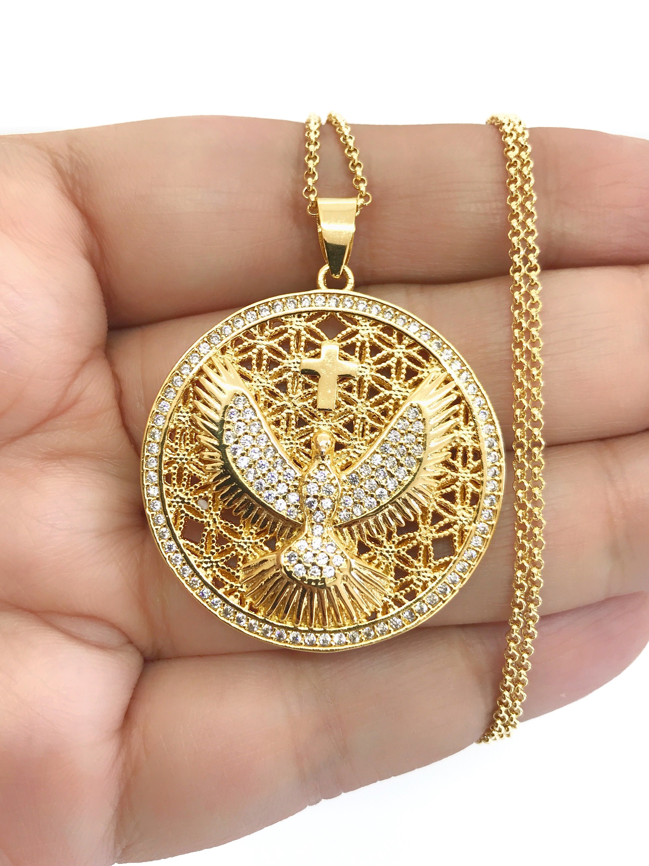 Gold Holy Spirit Big Pendant Necklace, Religious Jewelry, Holy Spirit ...
