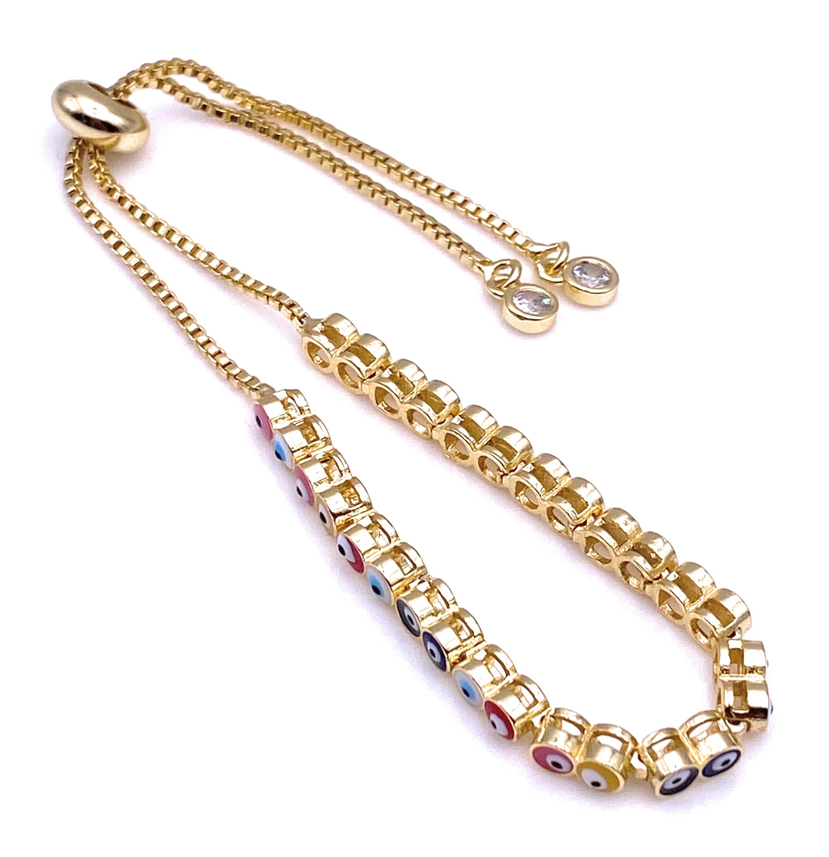 Multicolored Strand Evil Eye Adjustable Bracelet 18K Gold | Etsy