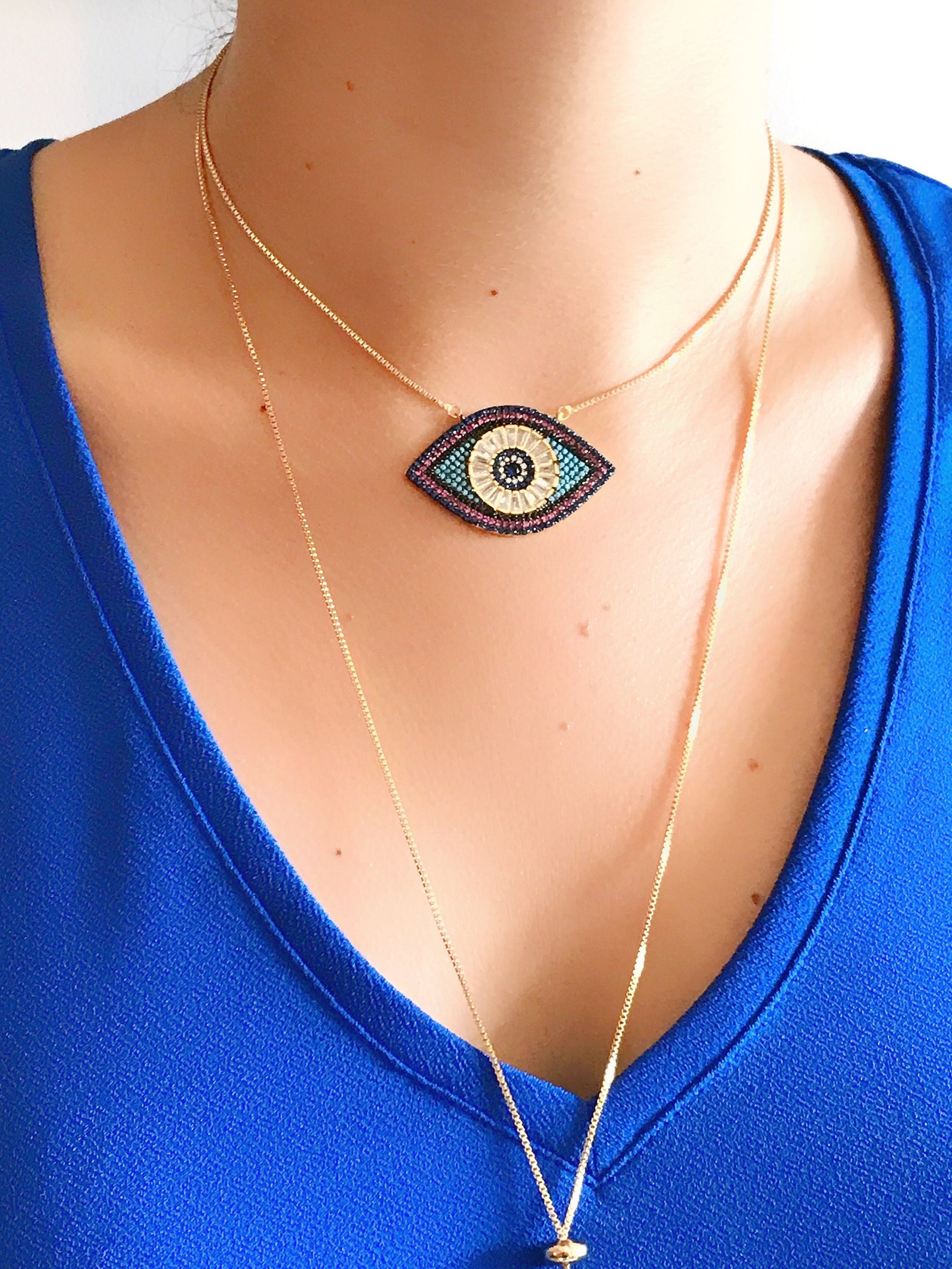 Gold Evil Eye Necklace, Evil Eye Adjustable Sliding Chain, Cubic ...