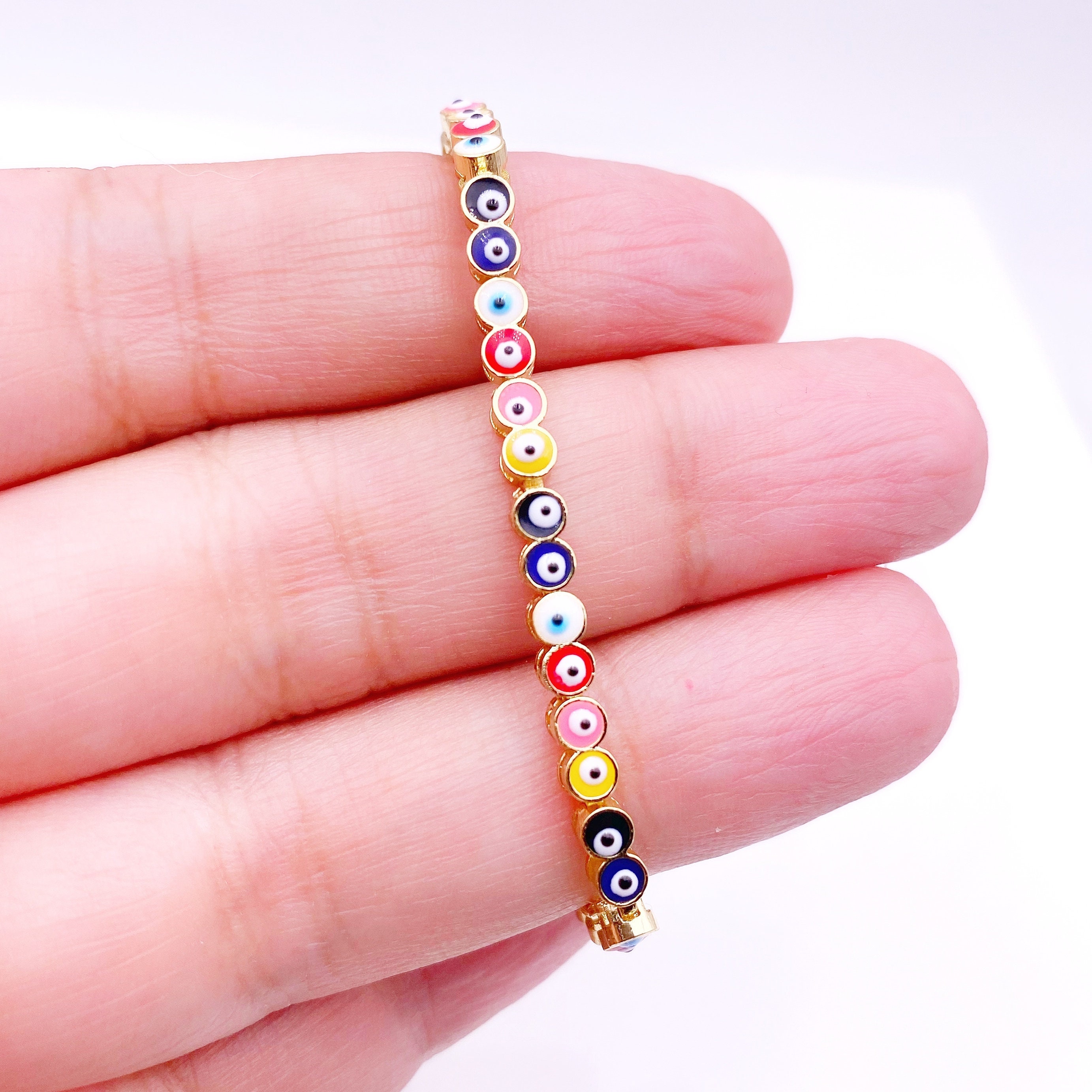 Multicolored Strand Evil Eye Adjustable Bracelet 18K Gold | Etsy