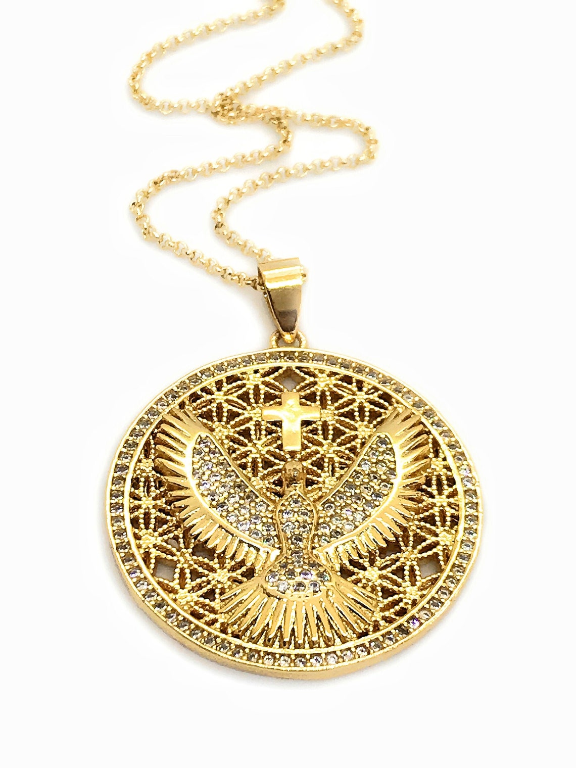 Gold Holy Spirit Big Pendant Necklace, Religious Jewelry, Holy Spirit ...