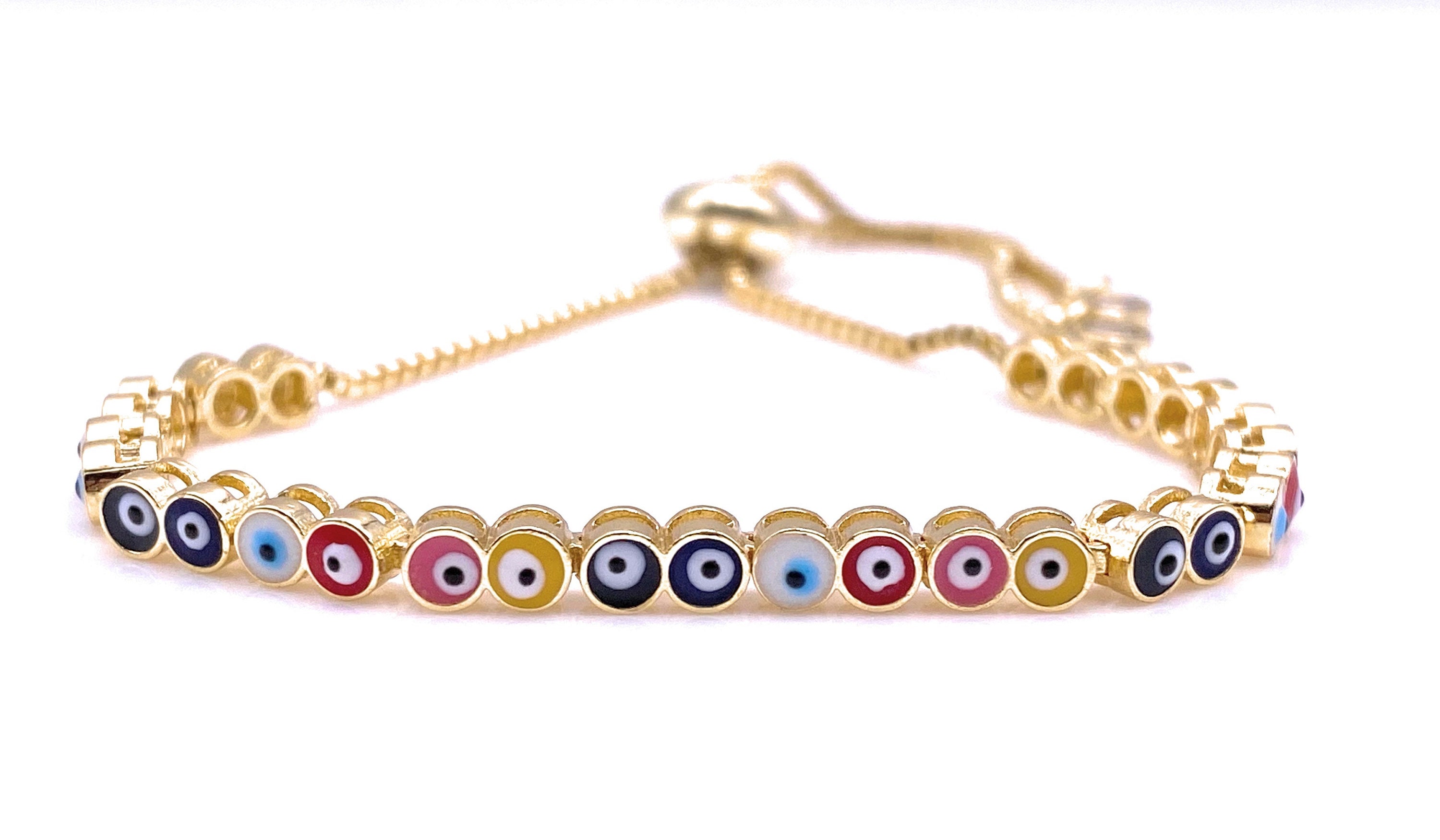 Multicolored Strand Evil Eye Adjustable Bracelet 18K Gold | Etsy