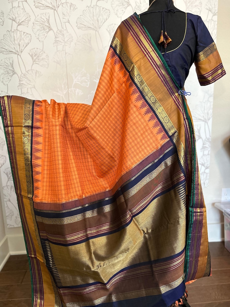 Orange Kanchi Pattu Saree Handwoven Kai Korvai Silk Saree With - Etsy