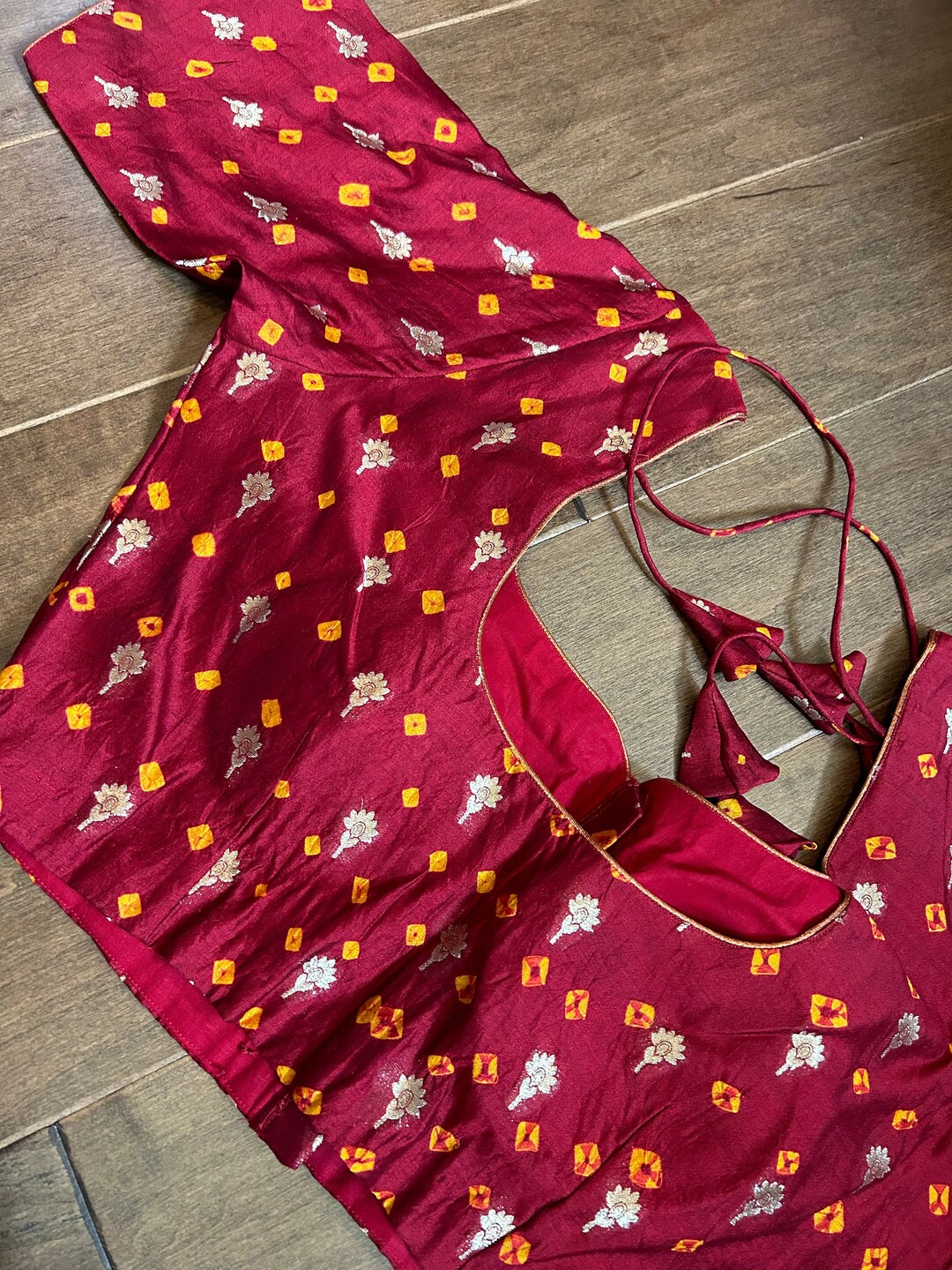 Dark Maroon Bandhini Pure Silk Blouse Yellow Dark Ready to Wear Blouse ...