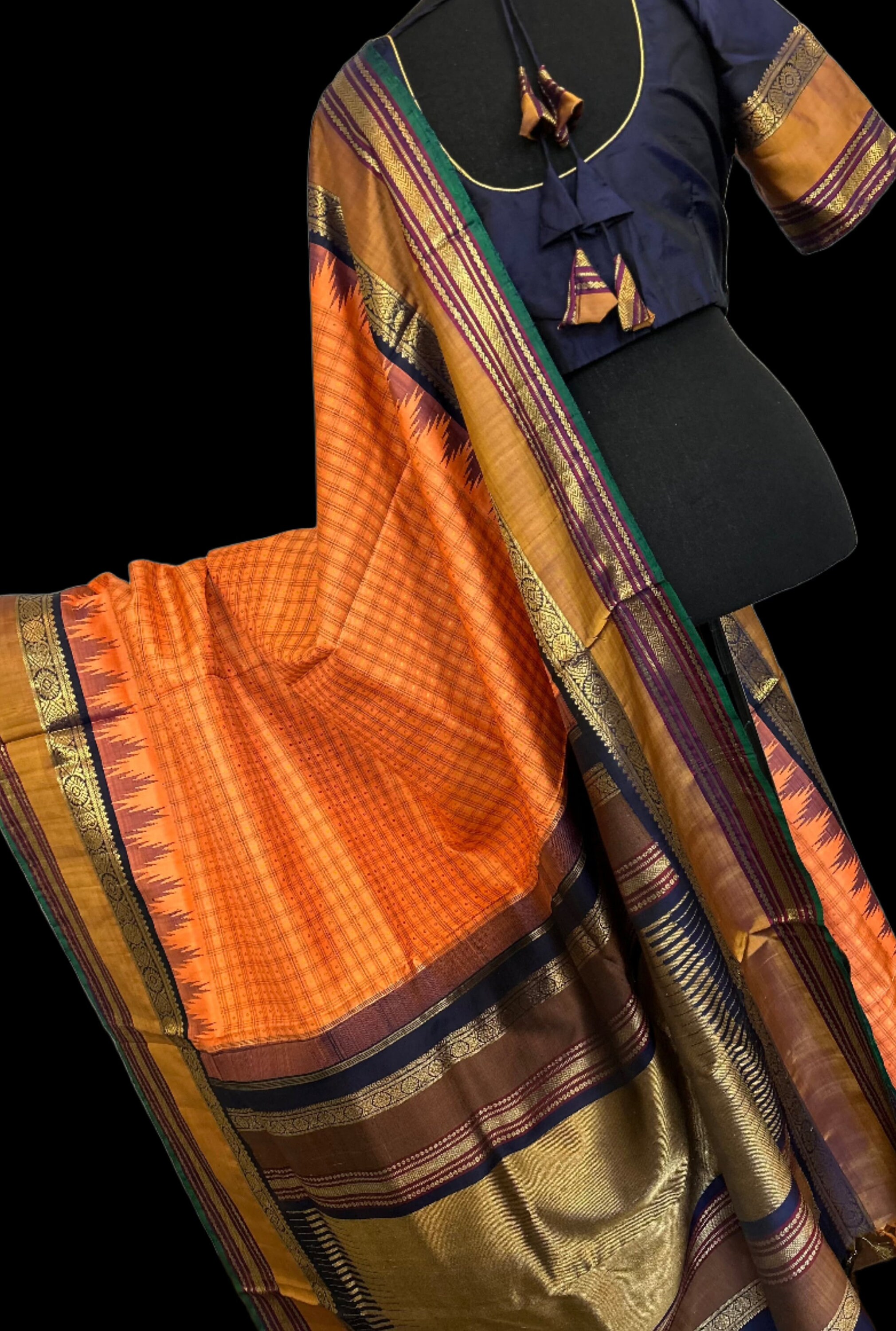 Orange Kanchi Pattu Saree Handwoven Kai Korvai Silk Saree With Ven ...