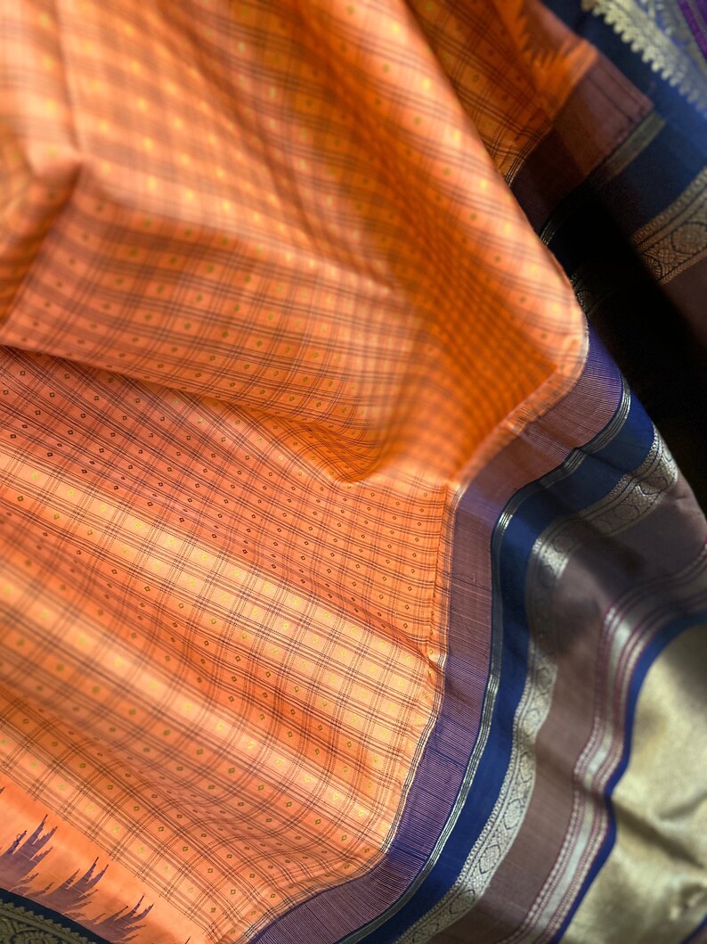 Orange Kanchi Pattu Saree Handwoven Kai Korvai Silk Saree With - Etsy