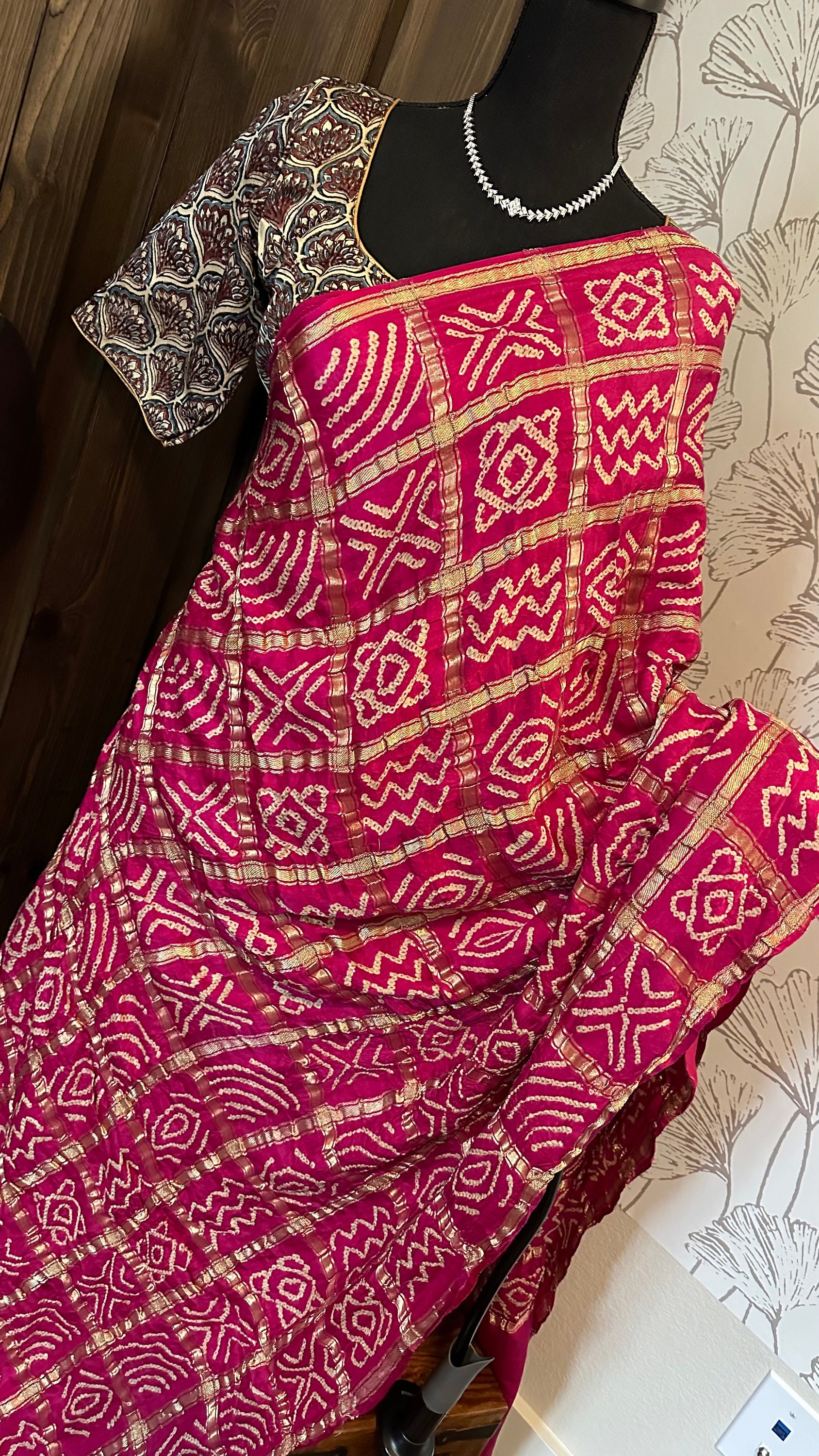 Pink Bandhani Saree Ajarakh Pallu Bandini Gajji Silk With Stitched ...