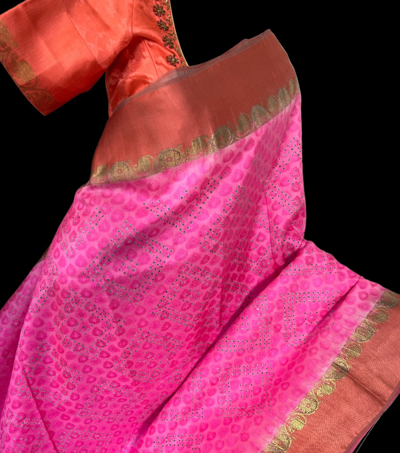 Bright Pink Pure Kanchi Pattu Borders Bandhani With Prestitched Blouse ...