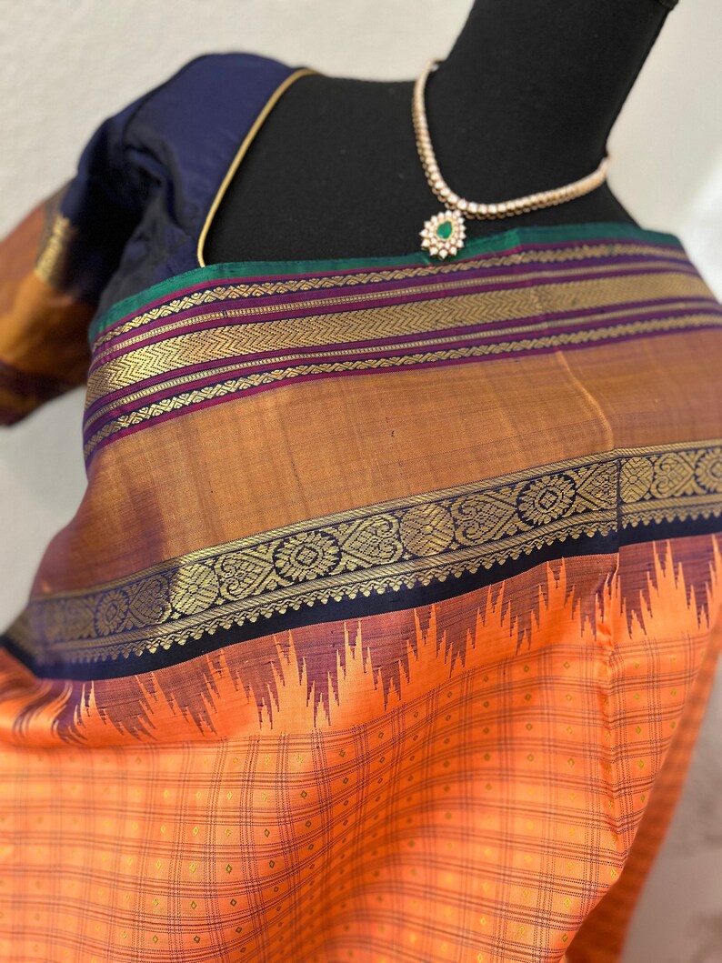 Orange Kanchi Pattu Saree Handwoven Kai Korvai Silk Saree With - Etsy