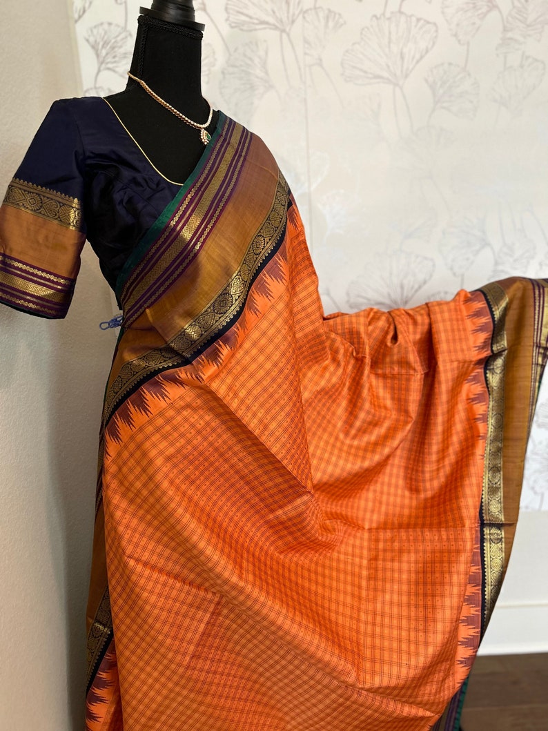 Orange Kanchi Pattu Saree Handwoven Kai Korvai Silk Saree With - Etsy