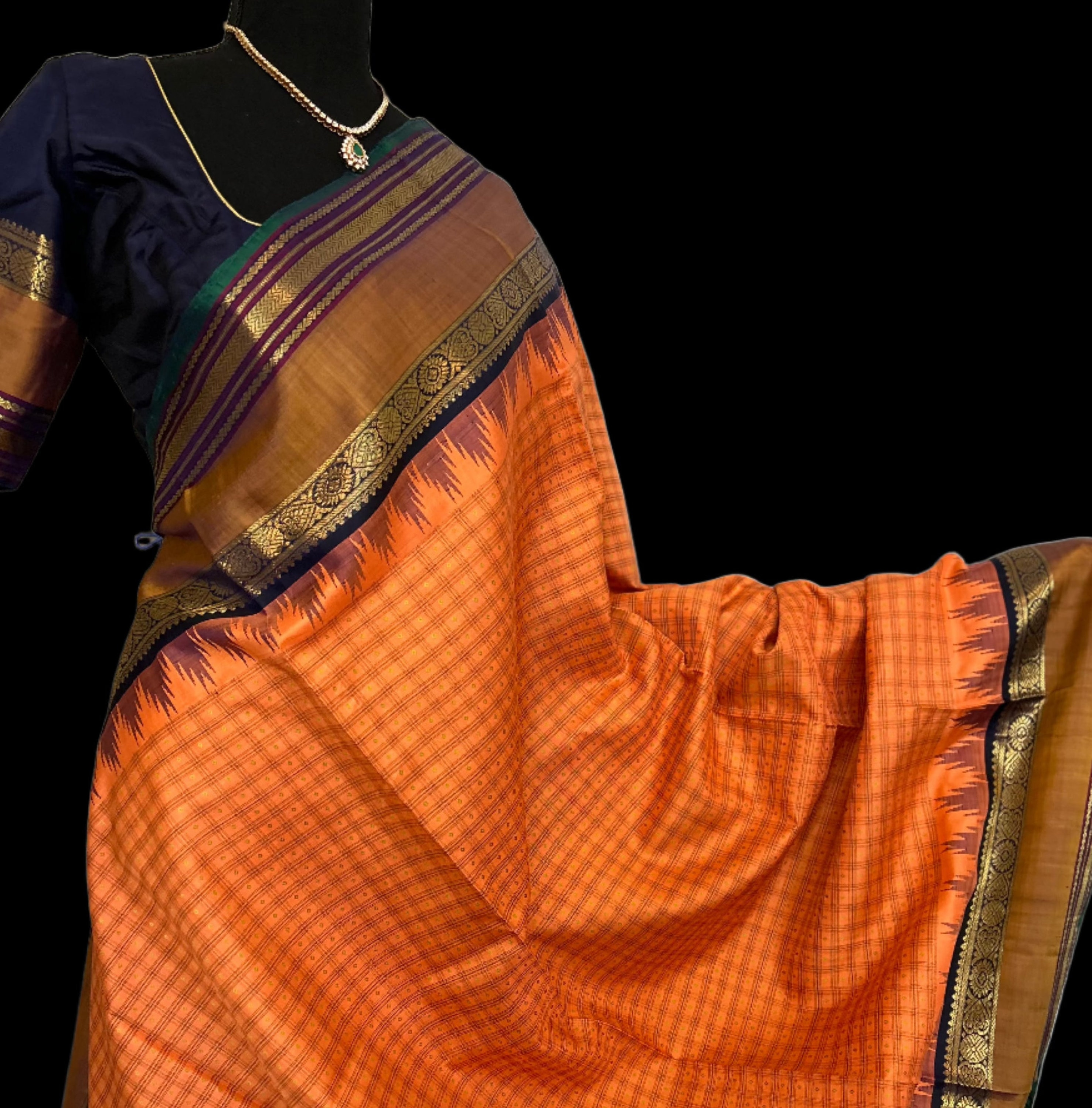 Orange Kanchi Pattu Saree Handwoven Kai Korvai Silk Saree With Ven ...