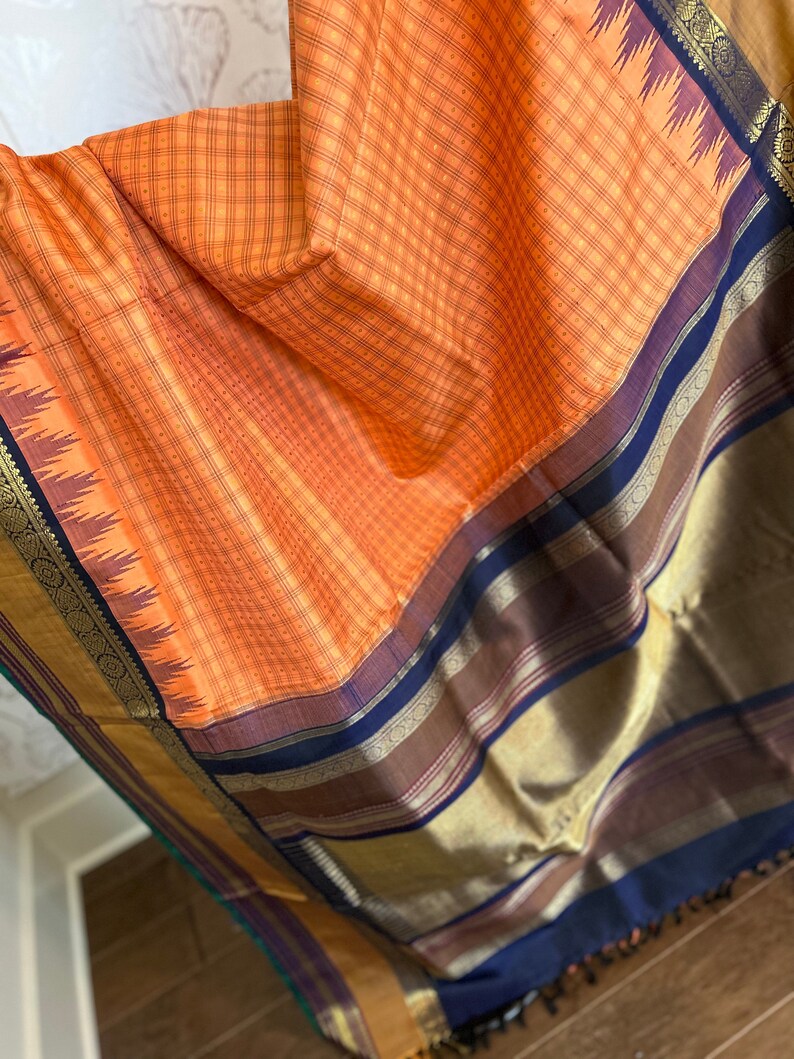 Orange Kanchi Pattu Saree Handwoven Kai Korvai Silk Saree With - Etsy