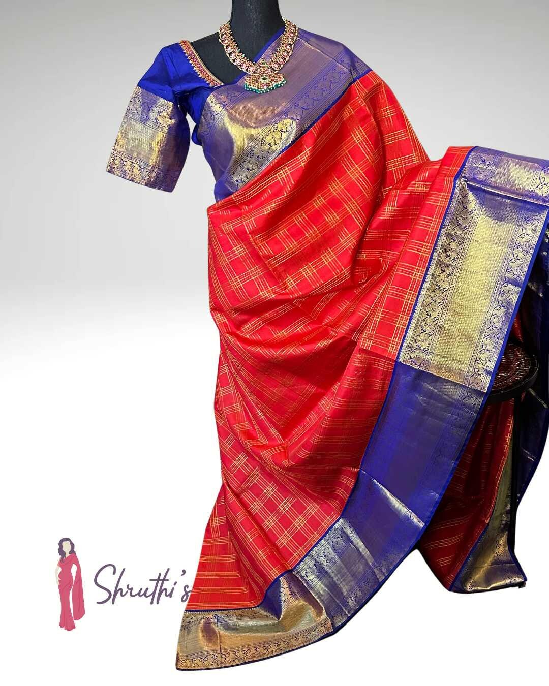 Red Kanjivaram Silk Saree: Embroidered Blouse, Gold Zari Borders - Etsy
