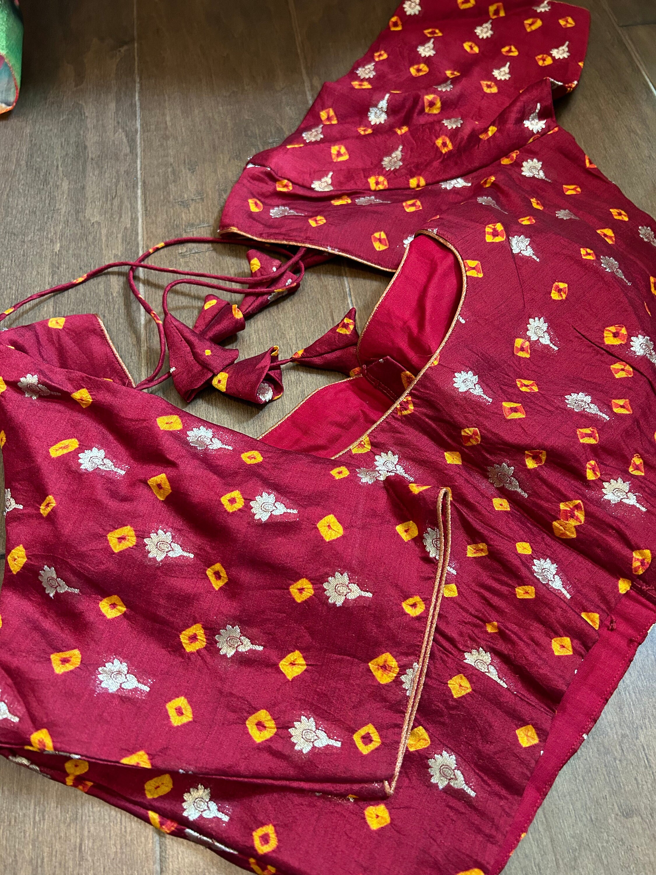 Dark Maroon Bandhini Pure Silk Blouse Yellow Dark Ready to Wear Blouse ...